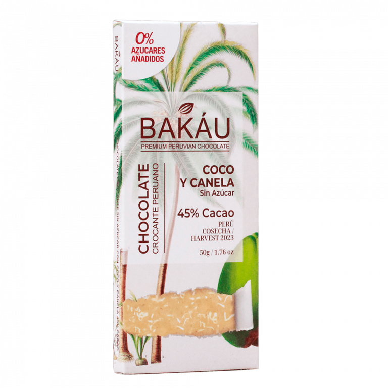 Barra de Chocolate 45% Cacao Sin Azúcar con Coco y Canela x 50g – Bakao